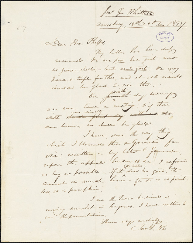 Letter from John Greenleaf Whittier, Amesbury, [Massachusetts], to Amos Augustus Phelps, 1837 ...