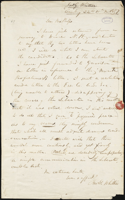 Letter from John Greenleaf Whittier, Amesbury, [Massachusetts], to Amos Augustus Phelps, 1837 ...