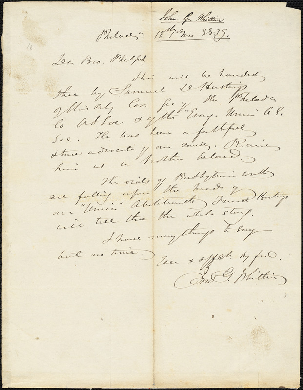 Letter from John Greenleaf Whittier, Philadelphia, [Pennsylvania], to Amos Augustus Phelps, 1839 ...