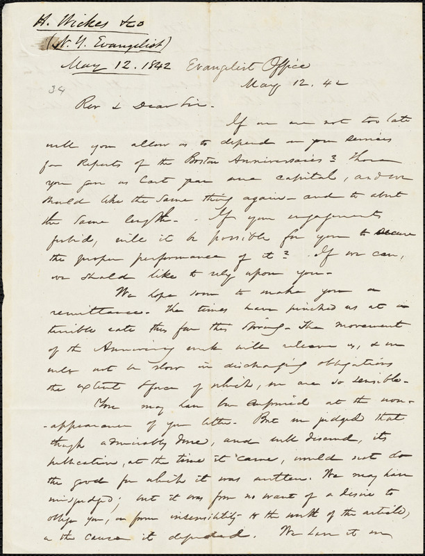 Letter from Henry Wickes, New York, to Amos Augustus Phelps, 1842 May ...