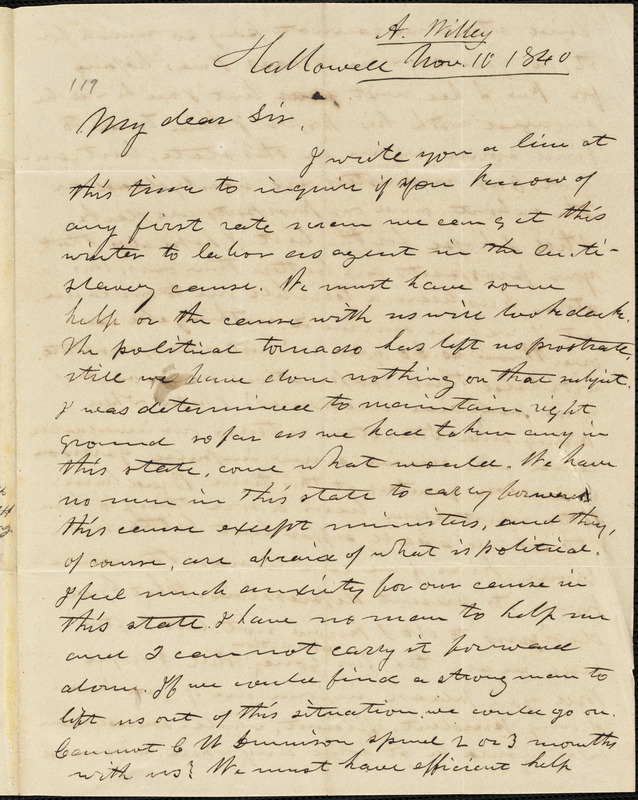 Letter from Austin Willey, Hallowell, [Maine], to Amos Augustus Phelps ...
