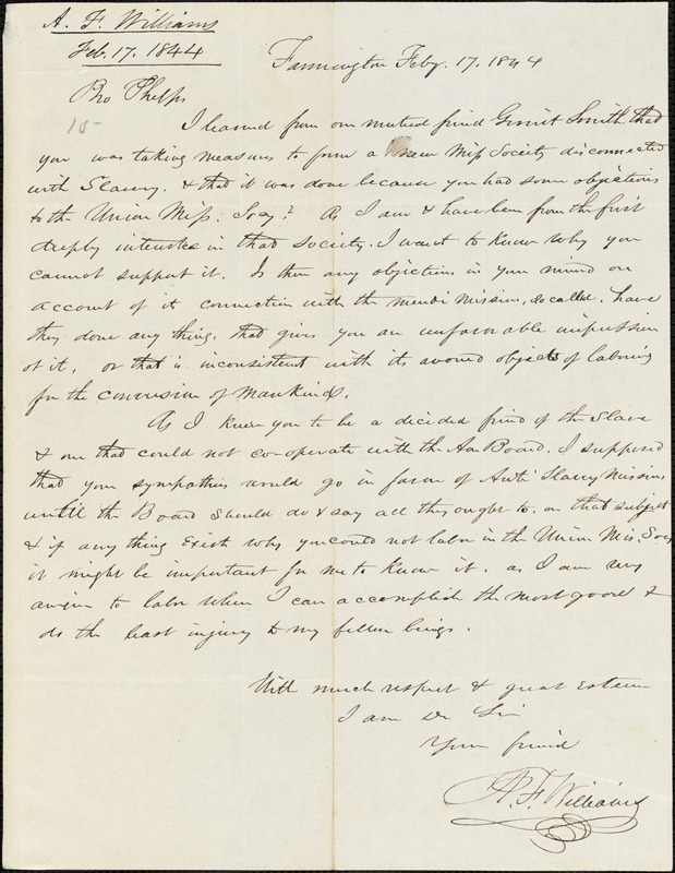 Letter from A.F. Williams, Farmington, [Connecticut], to Amos Augustus Phelps, 1844 Feb[ruary ...