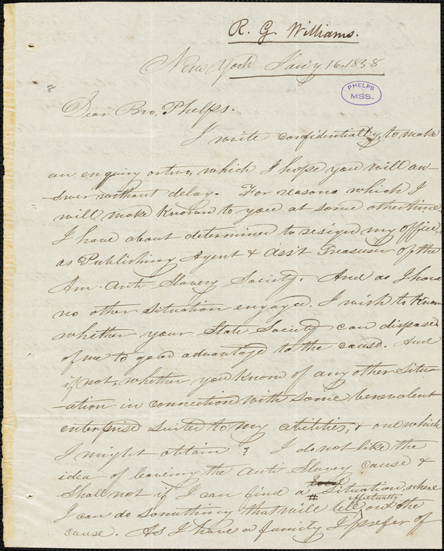 Letter from Ranson G. Williams, New York, to Amos Augustus Phelps, 1838 Jan[uar]y 16 - Digital ...