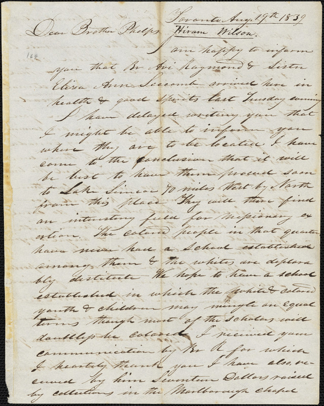 Letter from Hiram Wilson, Toronto, [Ontario], to Amos Augustus Phelps, 1839 Aug[ust] 19 ...