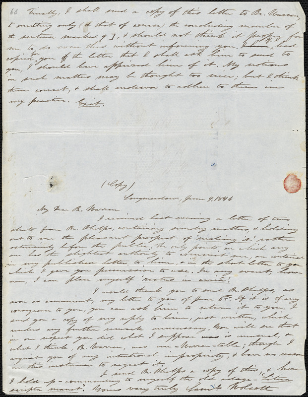 Letter from Samuel Wolcott, Longmeadow, [Massachusetts], to Amos Augustus Phelps, 1846 June 8 ...