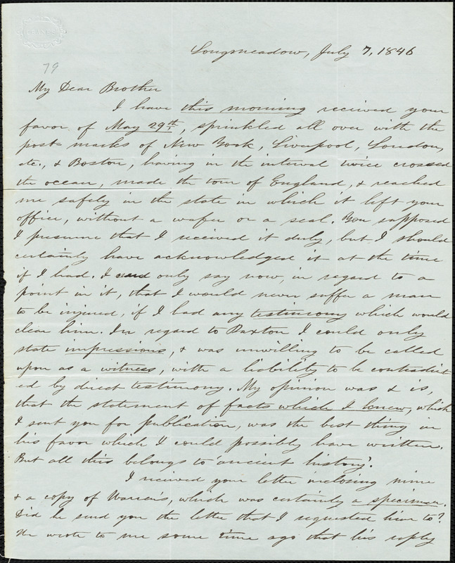 Letter from Samuel Wolcott, Longmeadow, [Massachusetts], to Amos Augustus Phelps, 1846 July 7 ...