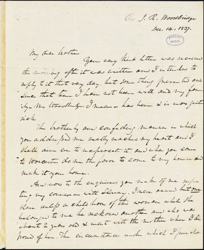 Letter from Jonathan Edward Woodbridge, Worcester, [Massachusetts], to ...