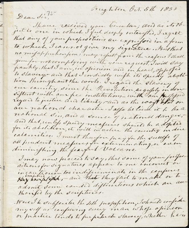 Letter from Noah Worcester, Brighton, [Massachusetts], to Amos Augustus Phelps, 1833 Oct[ober] 5 ...