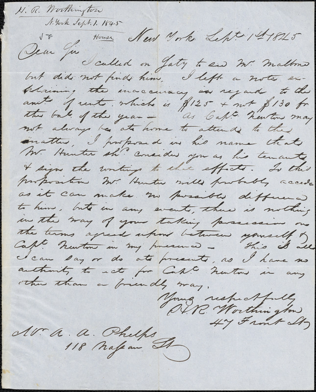 Letter from H.R. Worthington, New York, to Amos Augustus Phelps, 1845 Sept[ember] 1 - Digital ...