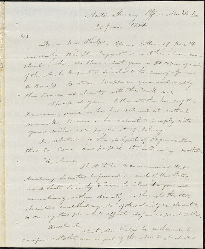 Letter from Elizur Wright, New York, to Amos Augustus Phelps, 1834 June 20 - Digital Commonwealth