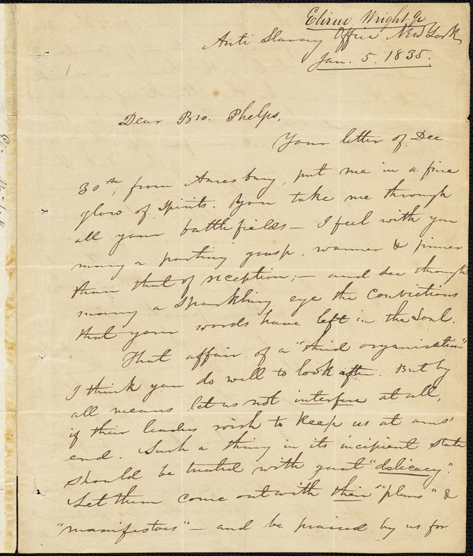 Letter from Elizur Wright, New York, to Amos Augustus Phelps, 1835 Jan[uary] 5 - Digital ...