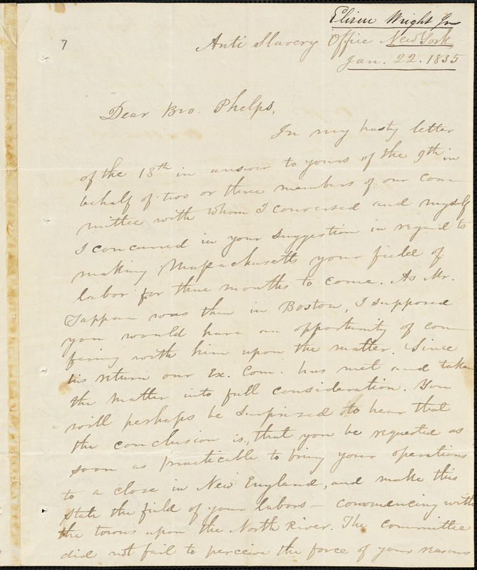 Letter from Elizur Wright, New York, to Amos Augustus Phelps, 1835 Jan[uary] 22 - Digital ...