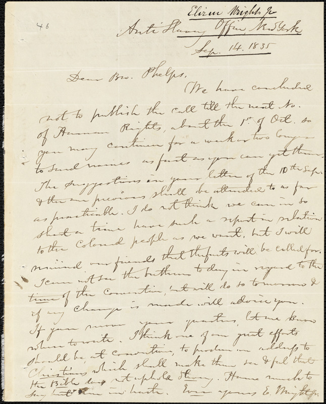 Letter from Elizur Wright, New York, to Amos Augustus Phelps, 1835 Sept[ember] 14 - Digital ...