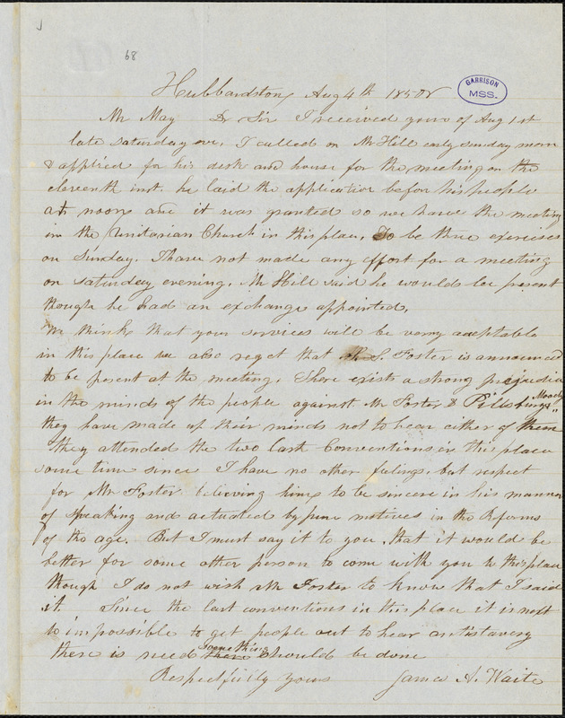 Letter from James Alson Waite, Hubbardston, [Massachusetts], to Samuel ...