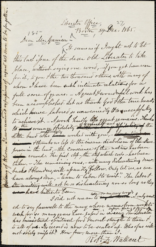 Letter from Robert Folger Wallcut, Liberator Office, Boston ...