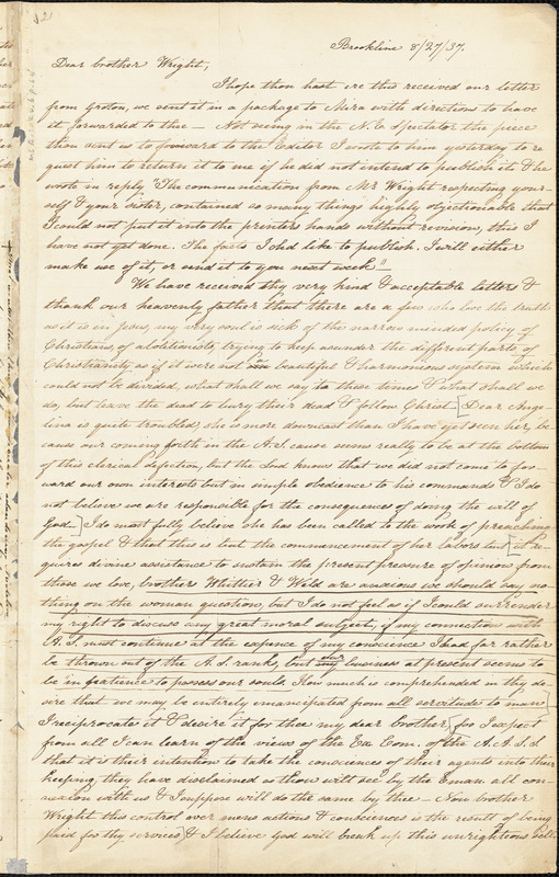 Letter from Sarah Moore Grimkè, Brookline, [Massachusetts], to Henry Clark Wright, 1837 August ...