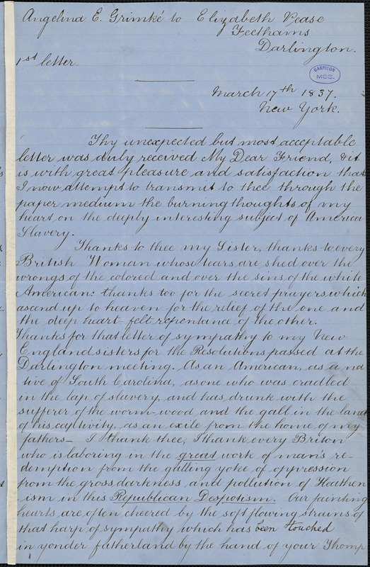 Letter from Angelina Emily Grimkè, New York, to Elizabeth Pease Nichol, 1837 March 17 - Digital ...