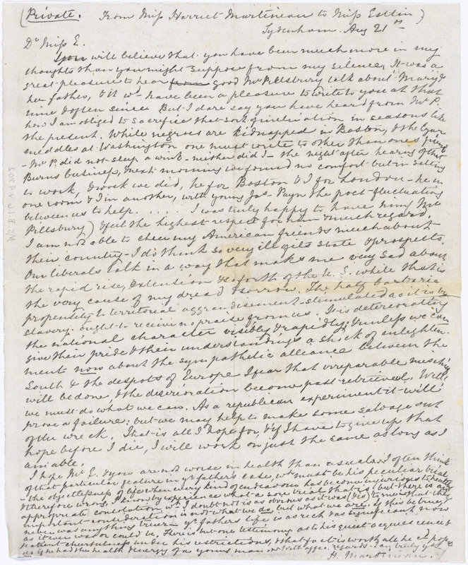Letter from Harriet Martineau, Sydenham, [England], to Mary Anne Estlin ...