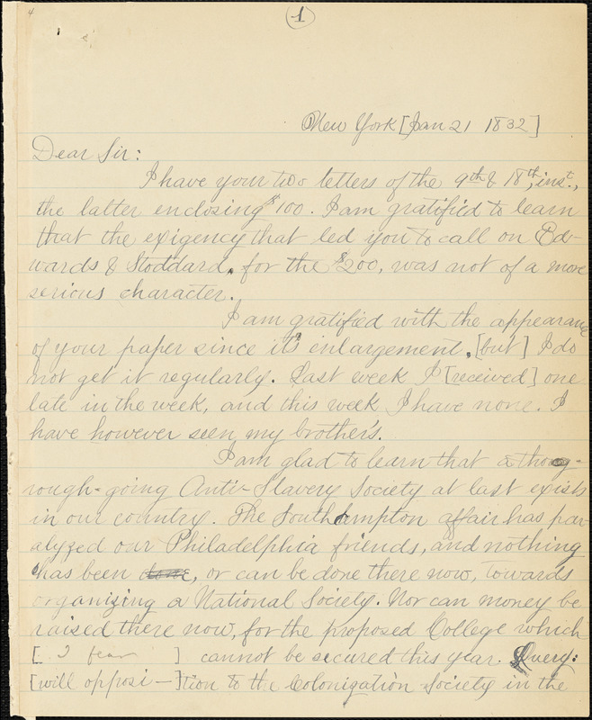 Letter from Arthur Tappan, New York, [New York], to William Lloyd ...