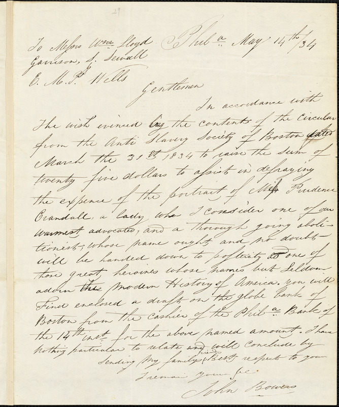 Letter from John Bowers, Phila[delphia, Pennsylvania], to William Lloyd ...
