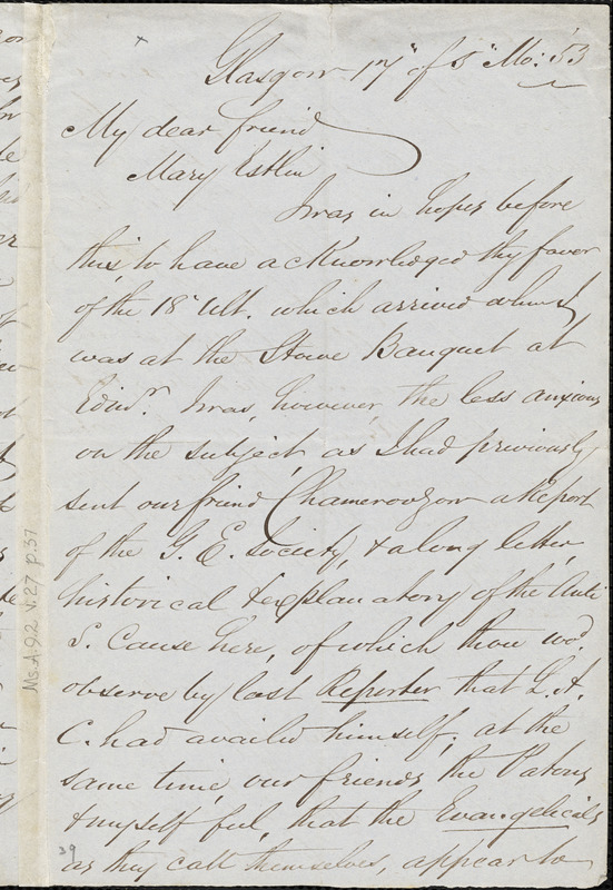 Letter from William Smeal, Glasgow, [Scotland], to Mary Anne Estlin ...