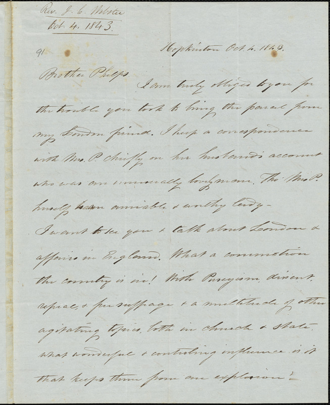 Letter from John Calvin, Hopkington, [Massachusetts], to Amos Augustus Phelps, 1843 Oct[ober] 4 ...