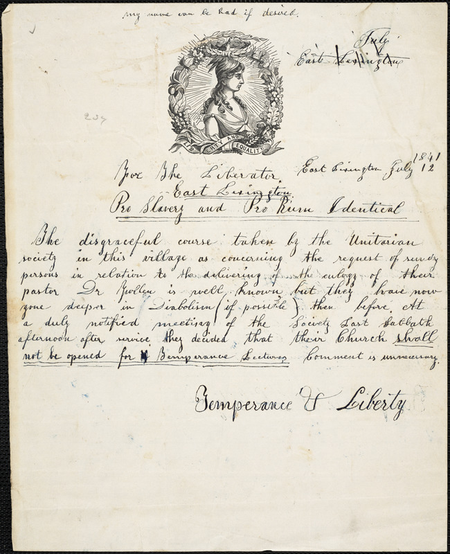 Letter from Temperance & Liberty, East Lexington, [Massachusetts], to ...