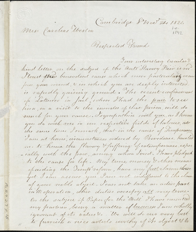 Letter from Moses Grant, Cambridge, [Massachusetts], to Caroline Weston ...