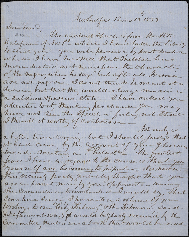 Letter from Joseph Ricketson, New Bedford, [Massachusetts], to William ...