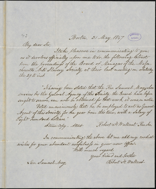 Letter from Robert Folger Wallcut, Boston, [Massachusetts], to Samuel ...