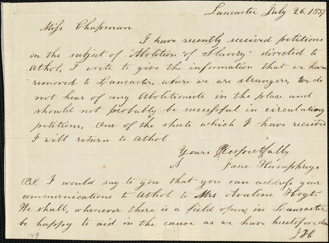 Letter from Jane Humphreys, Lancaster, [Massachusetts], to Maria Weston ...