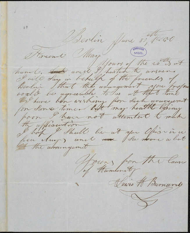 Letter from Lewis H. Burnard, Berlin, [Massachusetts], to Samuel May ...
