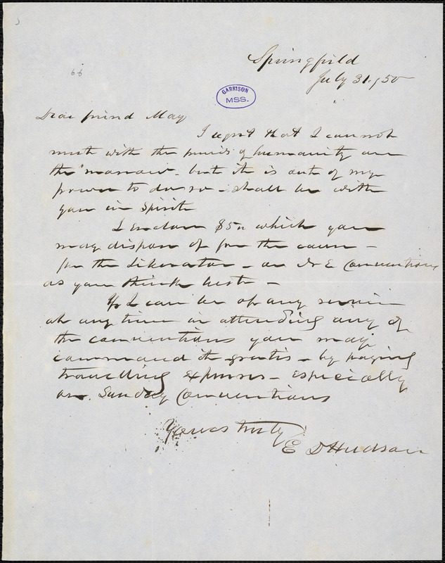 Letter from Erasmus Darwin Hudson, Springfield, [Massachusetts], to ...