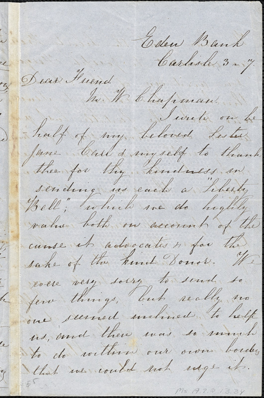 Letter from Eliza Nicholson, Eden Bank, [Carlisle, Scotland], to Maria ...