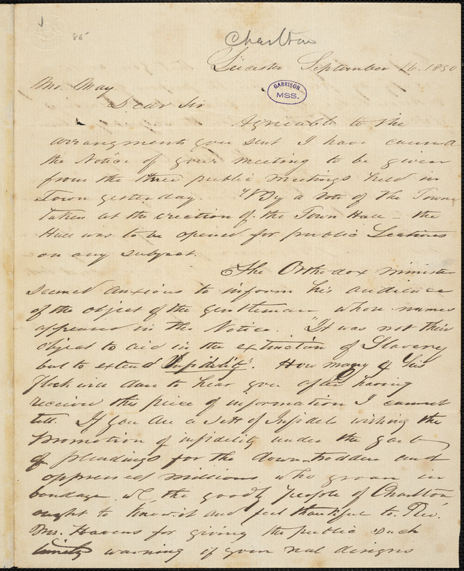Letter from Aurin Bugbee, Charlton, [Massachusetts], to Samuel May ...