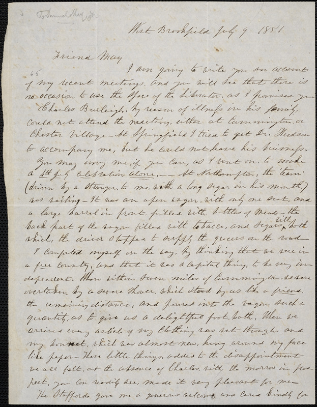 Letter from Lucy Stone, West Brookfield, [Massachusetts], to Samuel May ...
