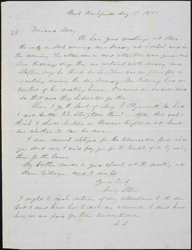 Letter from Lucy Stone, West Brookfield, [Massachusetts], to Samuel May ...