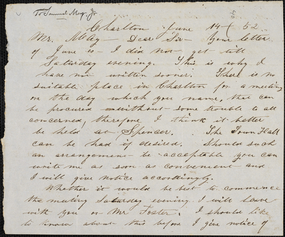 Letter from William Doane, Charlton, [Massachusetts], to Samuel May ...