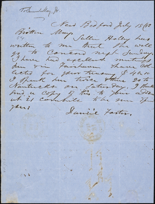 Letter from Daniel Foster, New Bedford, [Massachusetts], to Samuel May ...