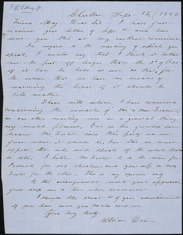 Letter from William Doane, Charlton, [Massahusetts], to Samuel May ...