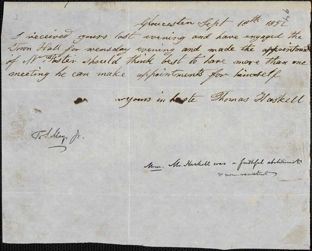 Letter from Thomas Haskell, Gloucester, [Massachusetts], to Samuel May ...