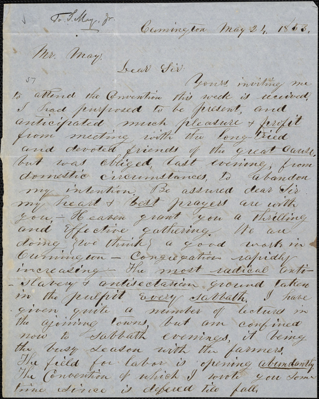 Letter from E.A. Stockman, Cummington, [Massachusetts], to Samuel May ...