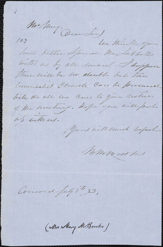 Letter from Mary Merrick Brooks, Concord, [Massachusetts], to Samuel ...