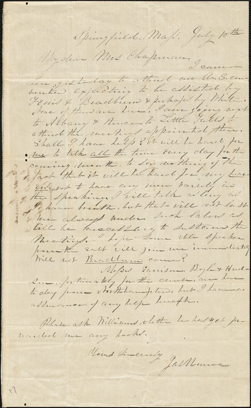 Letter from James Munroe, Springfield, [Massachusetts], to Maria Weston ...