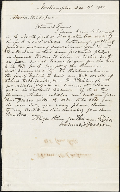 Letter from Erasmus Darwin Hudson, Northampton, [Massachusetts], to ...