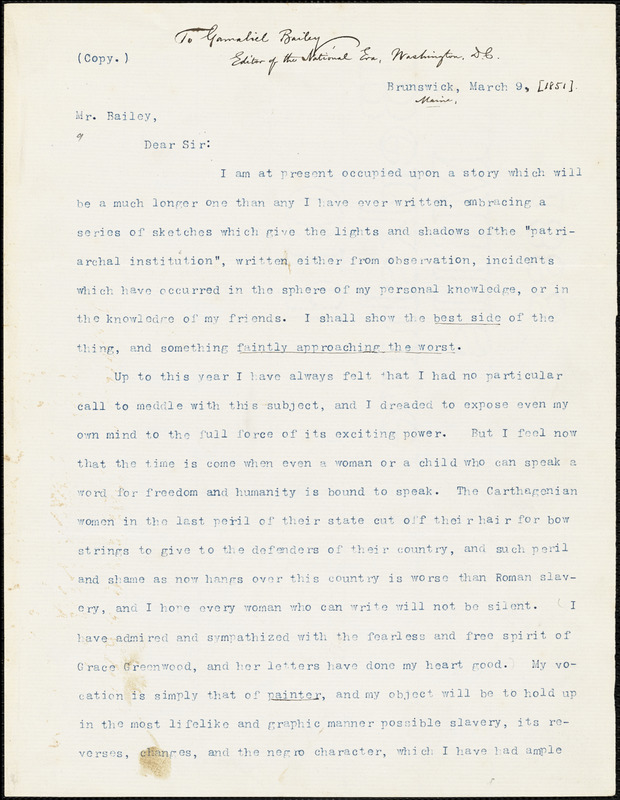 Letter from Harriet Beecher Stowe, Brunswick, [Maine], to Gamaliel ...