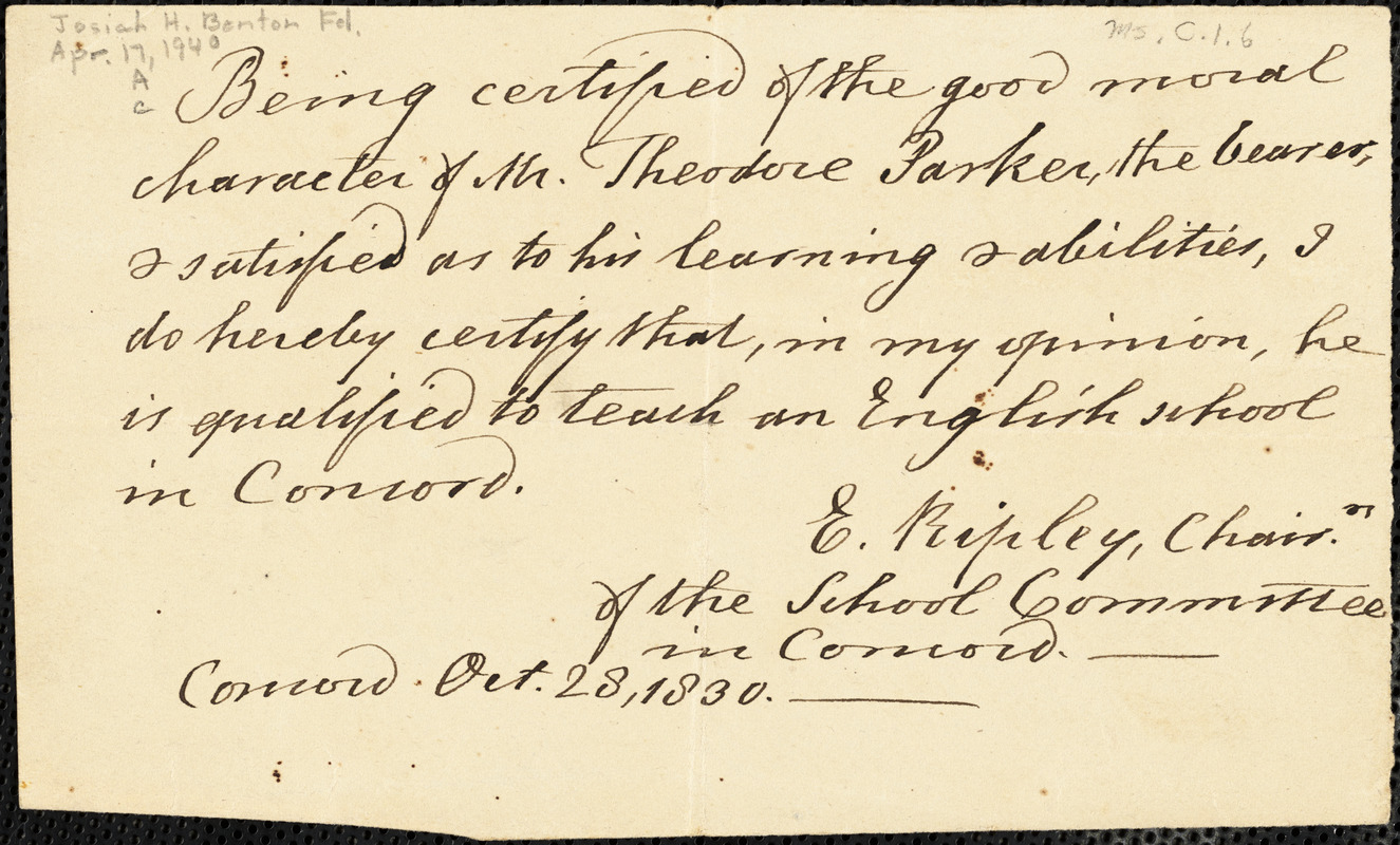 Letter from Ezra Ripley, Concord, [Massachusetts], to Theodore Parker ...