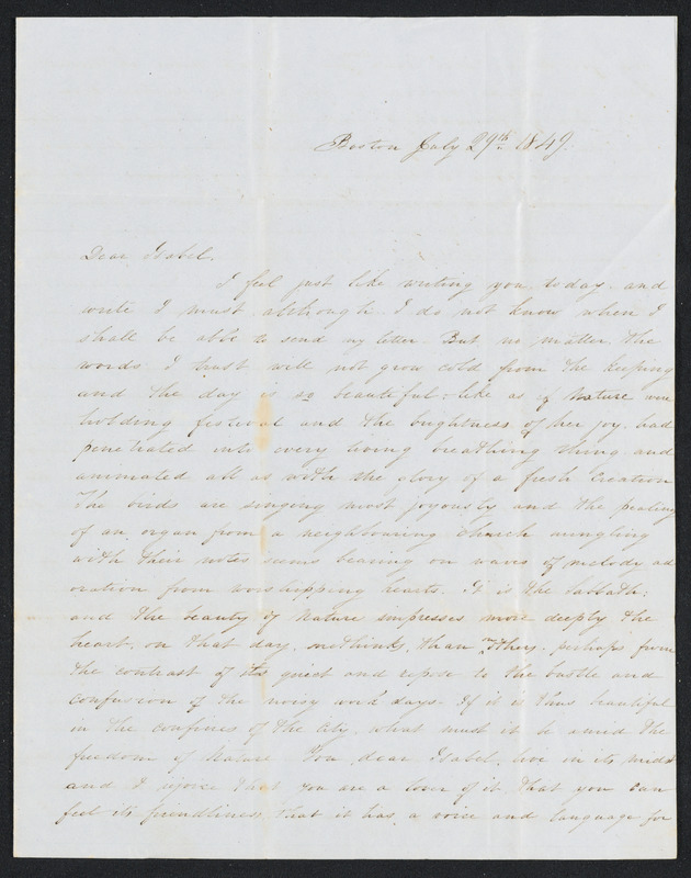Unsigned letter to Isabel, July 29, 1849, from Boston - Digital ...