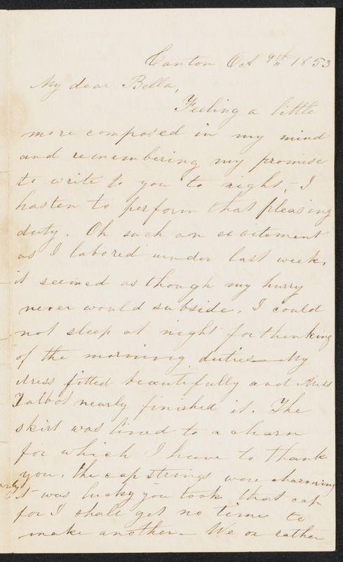 Incomplete letter to 'Bella, October 9, 1853, from Canton [no signature ...