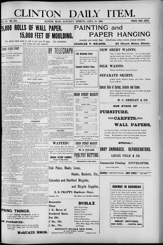 Clinton Daily Item. April 18, 1896 - Digital Commonwealth